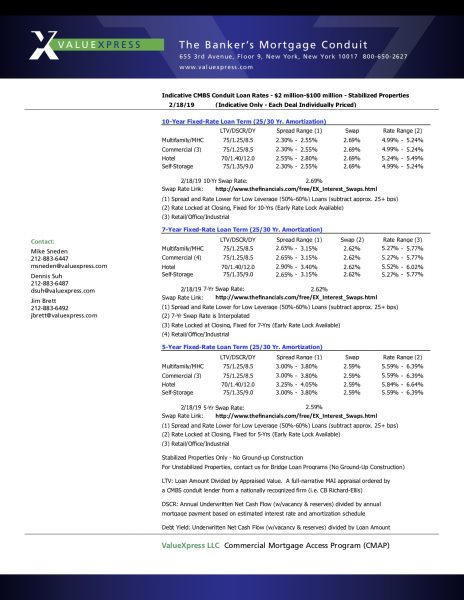 ve_rateSheet-CMBSconduit_021819 - VALUEXPRESS - Commercial Mortgage Loans