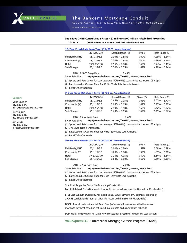 ve_rateSheet-CMBSconduit_021819 - VALUEXPRESS - Commercial Mortgage Loans